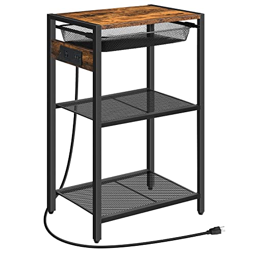 HOOBRO Tall End Table with Charging Station, Industrial Telephone Table with Metal Storage Basket, High Side Table Nightstand for Living Room, Bedroom, Office, Rustic Brown and Black BF06UDH01