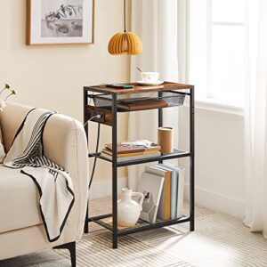 HOOBRO Tall End Table with Charging Station, Industrial Telephone Table with Metal Storage Basket, High Side Table Nightstand for Living Room, Bedroom, Office, Rustic Brown and Black BF06UDH01