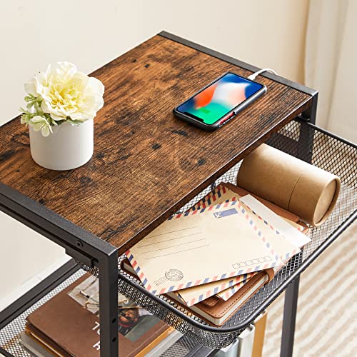 HOOBRO Tall End Table with Charging Station, Industrial Telephone Table with Metal Storage Basket, High Side Table Nightstand for Living Room, Bedroom, Office, Rustic Brown and Black BF06UDH01