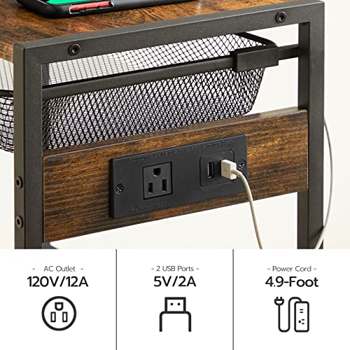 HOOBRO Tall End Table with Charging Station, Industrial Telephone Table with Metal Storage Basket, High Side Table Nightstand for Living Room, Bedroom, Office, Rustic Brown and Black BF06UDH01