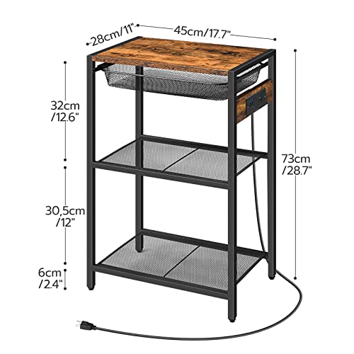 HOOBRO Tall End Table with Charging Station, Industrial Telephone Table with Metal Storage Basket, High Side Table Nightstand for Living Room, Bedroom, Office, Rustic Brown and Black BF06UDH01