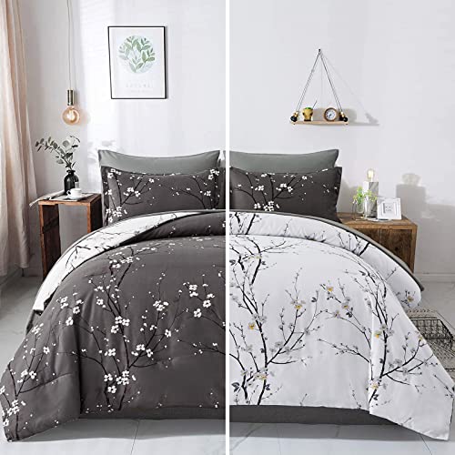 7 Pieces Cmomforter Set Full, Floral Bed in a Bag Comforter Reversible Flower Plum Bedding Set Full Size（1 Comforter,2 Pillowcase,2 Pillow Shames,1 Flat Sheet,1 Fitted Sheet）