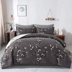 7 Pieces Cmomforter Set Full, Floral Bed in a Bag Comforter Reversible Flower Plum Bedding Set Full Size（1 Comforter,2 Pillowcase,2 Pillow Shames,1 Flat Sheet,1 Fitted Sheet）