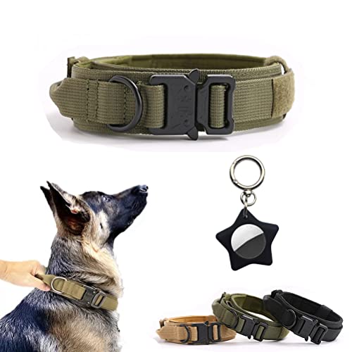 Tactical Dog Collar with Silicone Airtag Case, Military Training Nylon Dog Collars with Control Handle and Heavy Duty Metal Buckle, Adjustable for Medium Large Dogs (Green L)