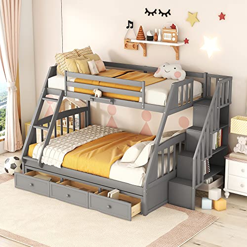 Merax Wooden Twin Over Full Stairway Bunk Bed with Three Storage Drawer, Storage Staircase, Removable Ladder and Safety Guardrail, Convertible to 2 Separated beds, Grey