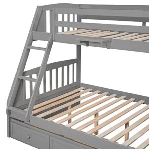 Merax Wooden Twin Over Full Stairway Bunk Bed with Three Storage Drawer, Storage Staircase, Removable Ladder and Safety Guardrail, Convertible to 2 Separated beds, Grey