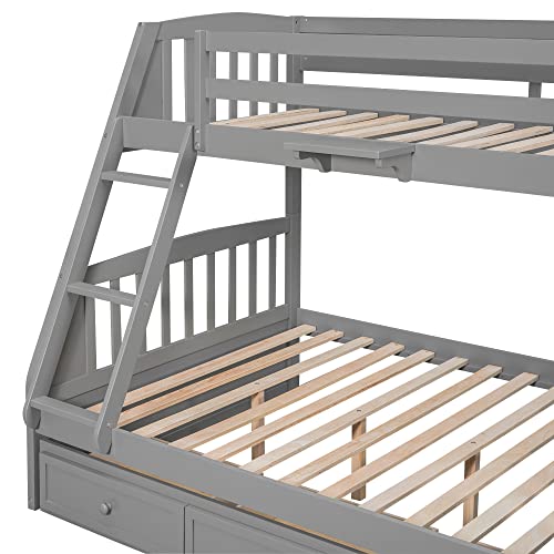 Merax Wooden Twin Over Full Stairway Bunk Bed with Three Storage Drawer, Storage Staircase, Removable Ladder and Safety Guardrail, Convertible to 2 Separated beds, Grey