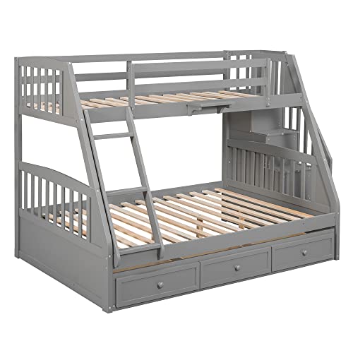 Merax Wooden Twin Over Full Stairway Bunk Bed with Three Storage Drawer, Storage Staircase, Removable Ladder and Safety Guardrail, Convertible to 2 Separated beds, Grey