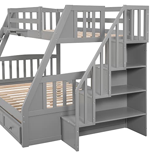 Merax Wooden Twin Over Full Stairway Bunk Bed with Three Storage Drawer, Storage Staircase, Removable Ladder and Safety Guardrail, Convertible to 2 Separated beds, Grey