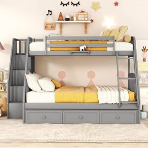 Merax Wooden Twin Over Full Stairway Bunk Bed with Three Storage Drawer, Storage Staircase, Removable Ladder and Safety Guardrail, Convertible to 2 Separated beds, Grey