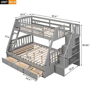 Merax Wooden Twin Over Full Stairway Bunk Bed with Three Storage Drawer, Storage Staircase, Removable Ladder and Safety Guardrail, Convertible to 2 Separated beds, Grey