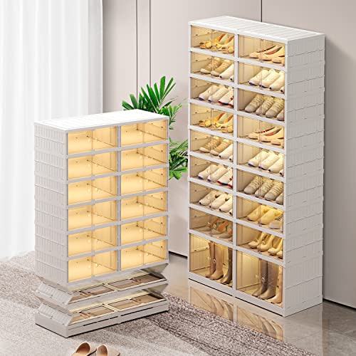 CIMLORD 9-Tier Foldable Shoe Rack Organizer for Closet 18-36Pairs Plastic Collapsible Shoes Storage Box Clear Shoe Boxes Stackable with Door Easy Assembly Shoe Cabinet Bins with Lids Large