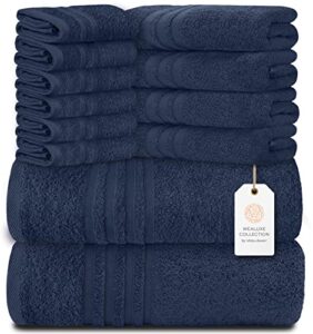 white classic 12 piece bath towel set for bathroom - wealuxe collection 2 bath towels, 4 hand towels, 6 washcloths 100% cotton soft and plush highly absorbent, soft towel for hotel & spa - navy