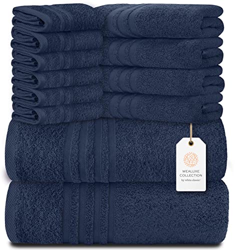 White Classic 12 Piece Bath Towel Set for Bathroom - Wealuxe Collection 2 Bath Towels, 4 Hand Towels, 6 Washcloths 100% Cotton Soft and Plush Highly Absorbent, Soft Towel for Hotel & Spa - Navy