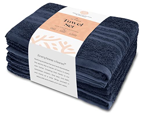 White Classic 12 Piece Bath Towel Set for Bathroom - Wealuxe Collection 2 Bath Towels, 4 Hand Towels, 6 Washcloths 100% Cotton Soft and Plush Highly Absorbent, Soft Towel for Hotel & Spa - Navy