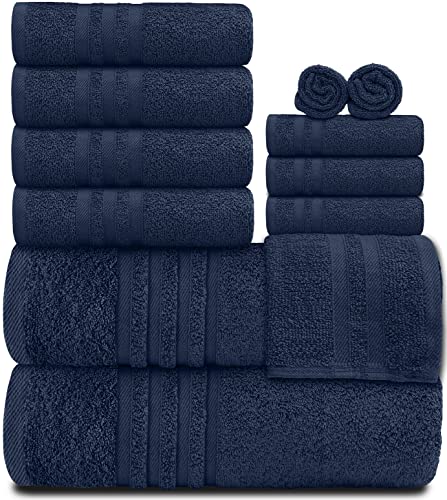 White Classic 12 Piece Bath Towel Set for Bathroom - Wealuxe Collection 2 Bath Towels, 4 Hand Towels, 6 Washcloths 100% Cotton Soft and Plush Highly Absorbent, Soft Towel for Hotel & Spa - Navy