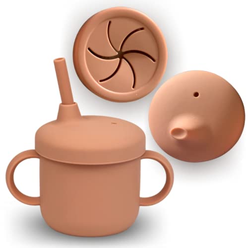 Silleebee Silicone 5-in-1 Toddler Open Training Cup | 3 Interchangeable Lids with Straw and Handles | Sippy and Snack Option for Babies | Infant 6 mos+