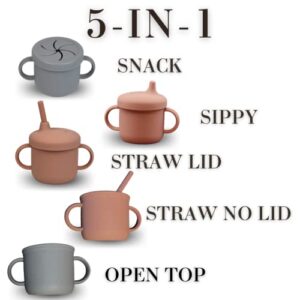 Silleebee Silicone 5-in-1 Toddler Open Training Cup | 3 Interchangeable Lids with Straw and Handles | Sippy and Snack Option for Babies | Infant 6 mos+