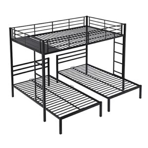 RUNWON Meta L Shaped Triple Bed, Solid Full Over Twin&Twin Bunk Bedframe with Built-in Shelf and 2 Ladders for 3 Kids Teens