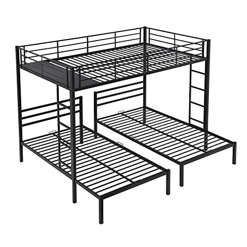 RUNWON Meta L Shaped Triple Bed, Solid Full Over Twin&Twin Bunk Bedframe with Built-in Shelf and 2 Ladders for 3 Kids Teens