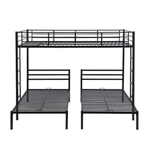 RUNWON Meta L Shaped Triple Bed, Solid Full Over Twin&Twin Bunk Bedframe with Built-in Shelf and 2 Ladders for 3 Kids Teens