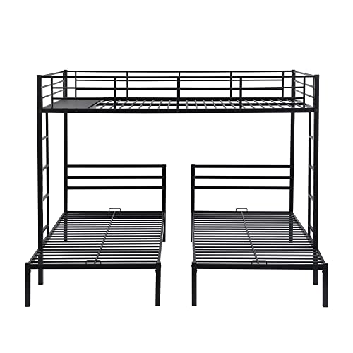 RUNWON Meta L Shaped Triple Bed, Solid Full Over Twin&Twin Bunk Bedframe with Built-in Shelf and 2 Ladders for 3 Kids Teens