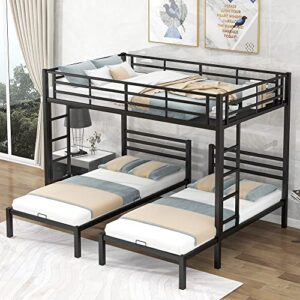 RUNWON Meta L Shaped Triple Bed, Solid Full Over Twin&Twin Bunk Bedframe with Built-in Shelf and 2 Ladders for 3 Kids Teens