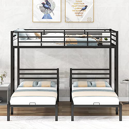 RUNWON Meta L Shaped Triple Bed, Solid Full Over Twin&Twin Bunk Bedframe with Built-in Shelf and 2 Ladders for 3 Kids Teens