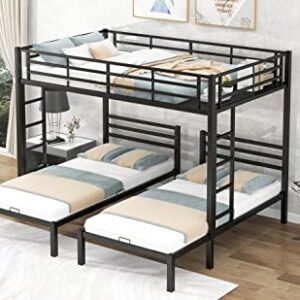 RUNWON Meta L Shaped Triple Bed, Solid Full Over Twin&Twin Bunk Bedframe with Built-in Shelf and 2 Ladders for 3 Kids Teens