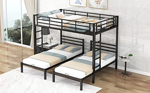 RUNWON Meta L Shaped Triple Bed, Solid Full Over Twin&Twin Bunk Bedframe with Built-in Shelf and 2 Ladders for 3 Kids Teens