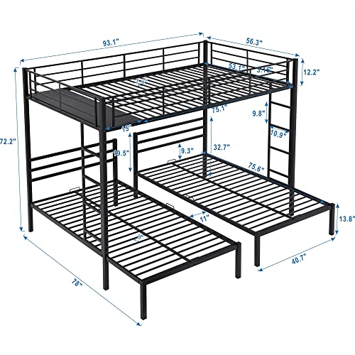 RUNWON Meta L Shaped Triple Bed, Solid Full Over Twin&Twin Bunk Bedframe with Built-in Shelf and 2 Ladders for 3 Kids Teens