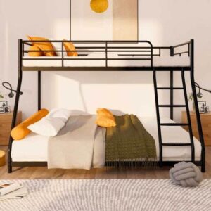 majnesvon heavy duty metal bunk bed twin over full size, heavy duty floor bunk beds frame with enhanced upper-level guardrail (black)