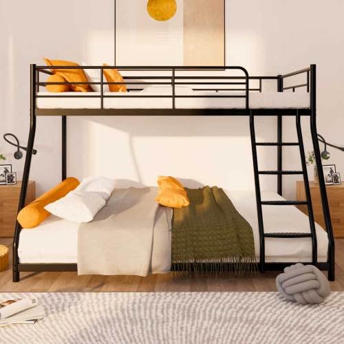 Majnesvon Heavy Duty Metal Bunk Bed Twin Over Full Size, Heavy Duty Floor Bunk Beds Frame with Enhanced Upper-Level Guardrail (Black)