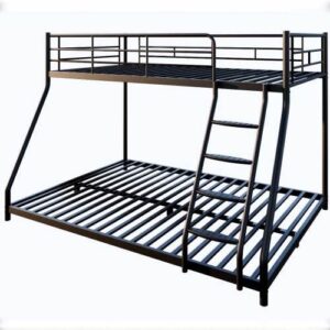 Majnesvon Heavy Duty Metal Bunk Bed Twin Over Full Size, Heavy Duty Floor Bunk Beds Frame with Enhanced Upper-Level Guardrail (Black)