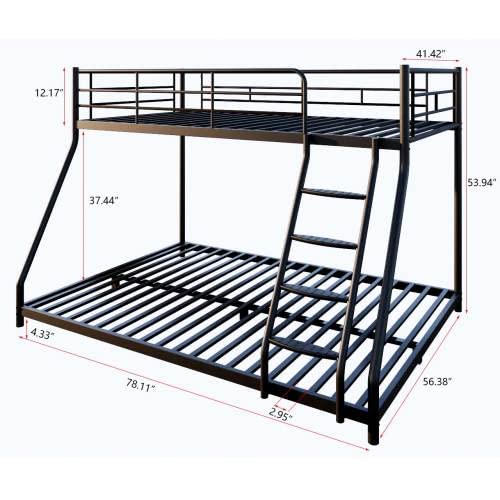 Majnesvon Heavy Duty Metal Bunk Bed Twin Over Full Size, Heavy Duty Floor Bunk Beds Frame with Enhanced Upper-Level Guardrail (Black)