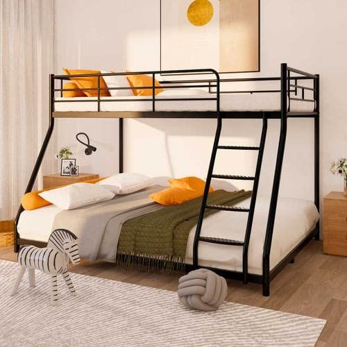 Majnesvon Heavy Duty Metal Bunk Bed Twin Over Full Size, Heavy Duty Floor Bunk Beds Frame with Enhanced Upper-Level Guardrail (Black)