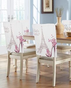 maliyand chair back cover, pink paris eiffel tower high heel flower chair covers removable chair protector slipcover for dining room, kitchen, restaurant, set of 8