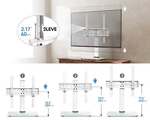 FITUEYES Universal TV Stand Table Top TV Stand for 27-55 inch LCD LED TVS Height Adjustable TV Base with Tempered Glass Base Wire Management VESA 400x400mm Holds 88 Pounds, White