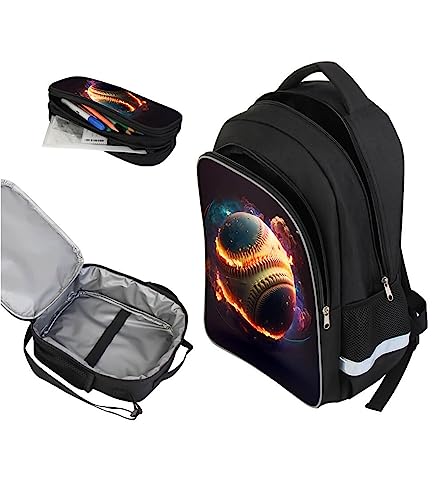 AnySmic Baseball Backpack for School, Kids Bookbag Set with Lunch Box and Pencil Case for Boys, Girls