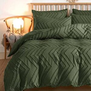 Nanko King Comforter Set Dark Green Tufted Jacquard Boho Soft Shabby Chic Reversible Down Alternative Microfiber Bedding - All Season Duvet Bohemia Bed Sets Women Men Size 104 x 90 3pc, Green