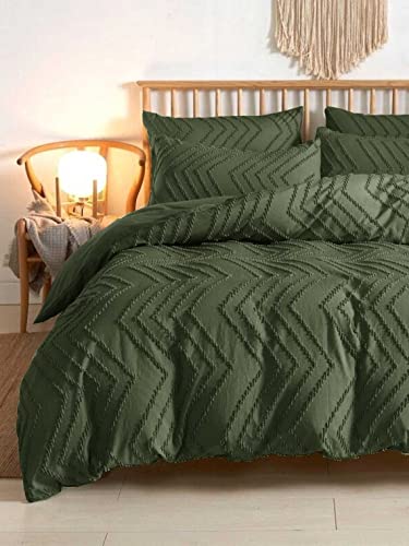 Nanko King Comforter Set Dark Green Tufted Jacquard Boho Soft Shabby Chic Reversible Down Alternative Microfiber Bedding - All Season Duvet Bohemia Bed Sets Women Men Size 104 x 90 3pc, Green