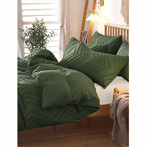 Nanko King Comforter Set Dark Green Tufted Jacquard Boho Soft Shabby Chic Reversible Down Alternative Microfiber Bedding - All Season Duvet Bohemia Bed Sets Women Men Size 104 x 90 3pc, Green