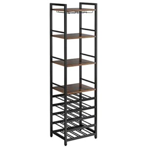 LITTLE TREE Wine Rack Freestanding Floor, 9 Tier Wine Bar Cabinet for Liquor and Glasses Storage, Wine Bottle Holder Shelf for Home Kitchen Dining Room, Rustic Brown (20 Bottle)