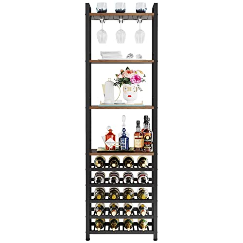 LITTLE TREE Wine Rack Freestanding Floor, 9 Tier Wine Bar Cabinet for Liquor and Glasses Storage, Wine Bottle Holder Shelf for Home Kitchen Dining Room, Rustic Brown (20 Bottle)