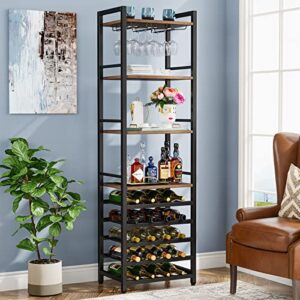 LITTLE TREE Wine Rack Freestanding Floor, 9 Tier Wine Bar Cabinet for Liquor and Glasses Storage, Wine Bottle Holder Shelf for Home Kitchen Dining Room, Rustic Brown (20 Bottle)