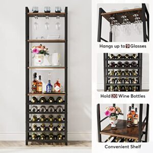 LITTLE TREE Wine Rack Freestanding Floor, 9 Tier Wine Bar Cabinet for Liquor and Glasses Storage, Wine Bottle Holder Shelf for Home Kitchen Dining Room, Rustic Brown (20 Bottle)