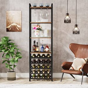 LITTLE TREE Wine Rack Freestanding Floor, 9 Tier Wine Bar Cabinet for Liquor and Glasses Storage, Wine Bottle Holder Shelf for Home Kitchen Dining Room, Rustic Brown (20 Bottle)