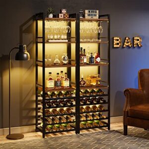 LITTLE TREE Wine Rack Freestanding Floor, 9 Tier Wine Bar Cabinet for Liquor and Glasses Storage, Wine Bottle Holder Shelf for Home Kitchen Dining Room, Rustic Brown (20 Bottle)