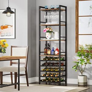 LITTLE TREE Wine Rack Freestanding Floor, 9 Tier Wine Bar Cabinet for Liquor and Glasses Storage, Wine Bottle Holder Shelf for Home Kitchen Dining Room, Rustic Brown (20 Bottle)