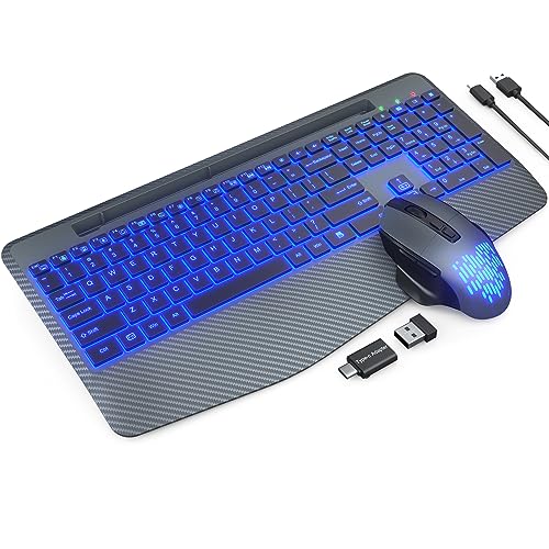 Wireless Keyboard and Mouse Backlit, Wrist Rest, Jiggler Mouse, Phone Holder, Ergo Rechargeable Silent Light Up Combo for Computer, Mac, PC, Laptop, Chromebook - by SABLUTE, Gray